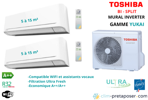 Clim bi split sans mise en service TOSHIBA YUKAI RAS-2M10U2AVG-E